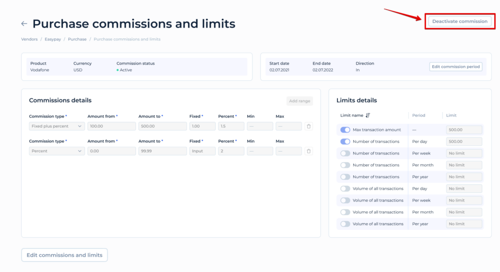 Deactivate/Activate commission and limits | SDK.finance - White-Label ...