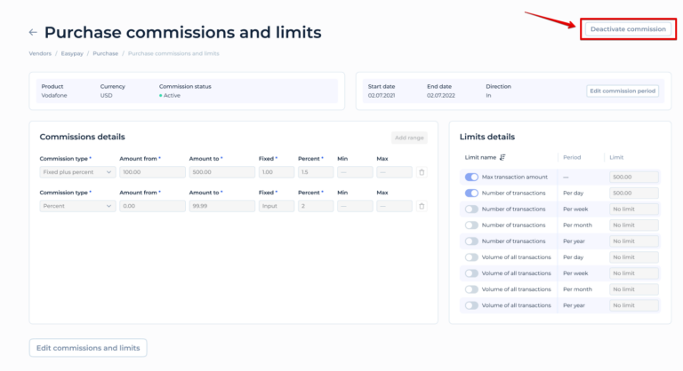 Deactivate/Activate commission and limits | SDK.finance - White-Label ...