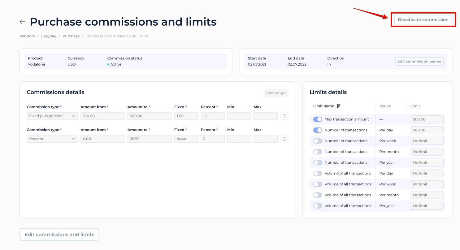 Deactivate/Activate commission and limits | SDK.finance - White-Label ...