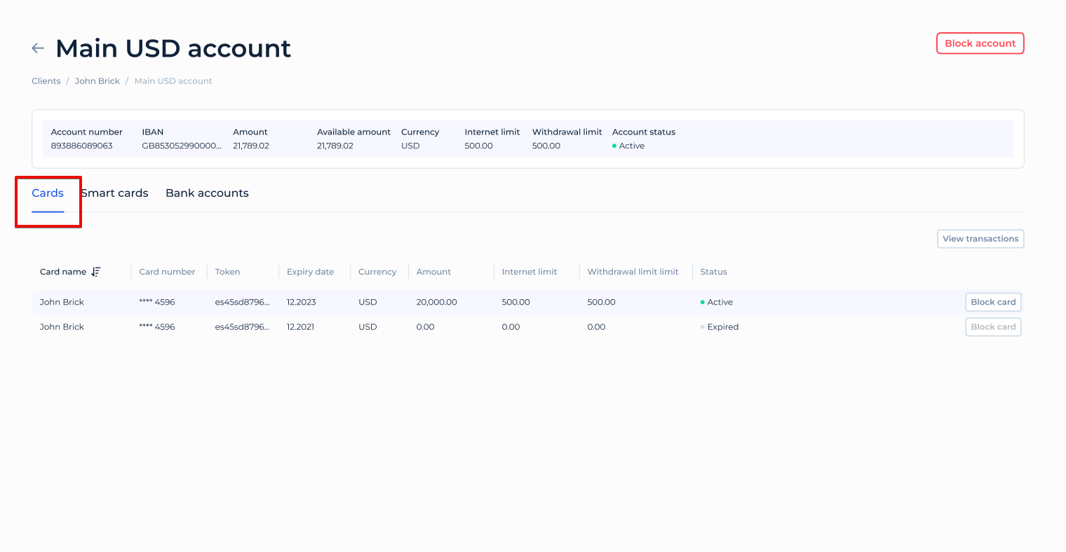 Account details: Cards | SDK.finance - White-Label Digital Banking Software