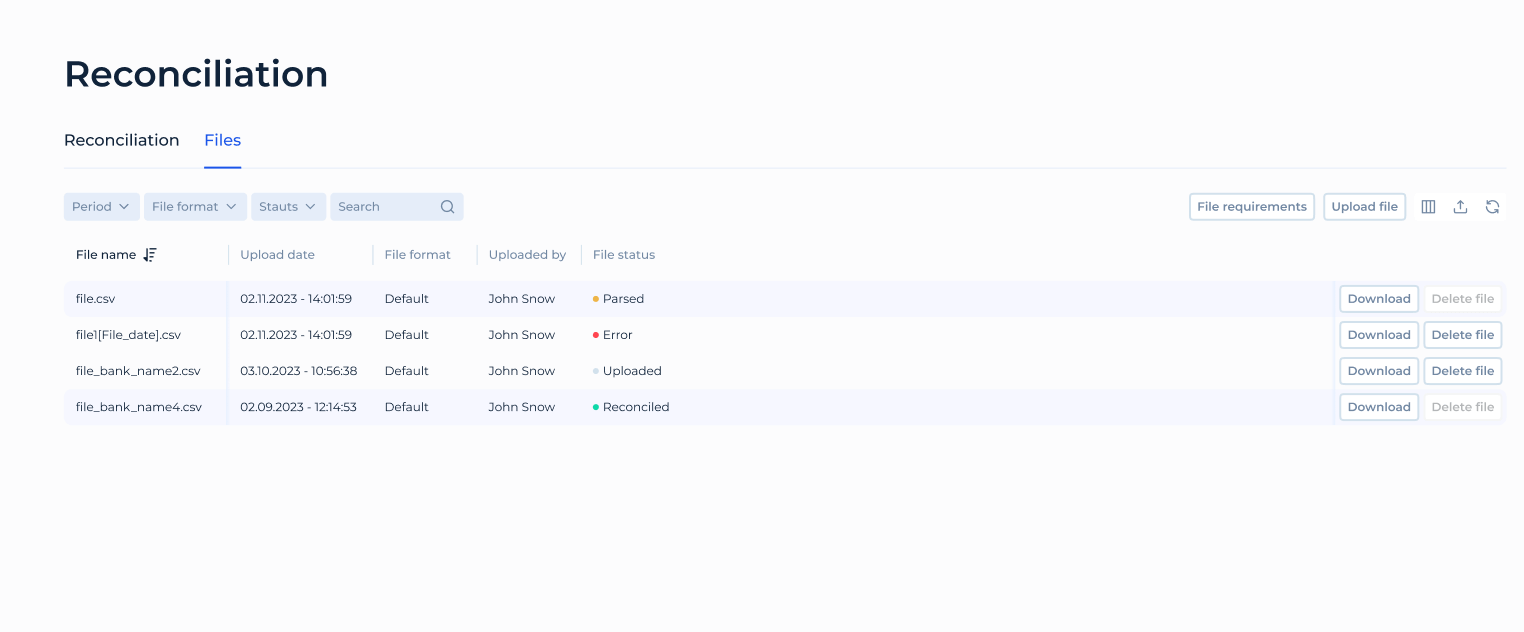 Files Tab of Reconciliations screen | SDK.finance - White-Label Digital ...