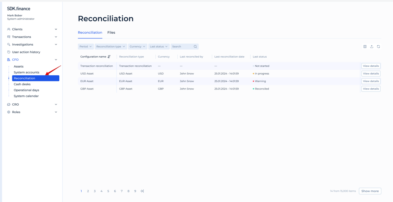 Reconciliation Tab | SDK.finance - White-Label Digital Banking Software