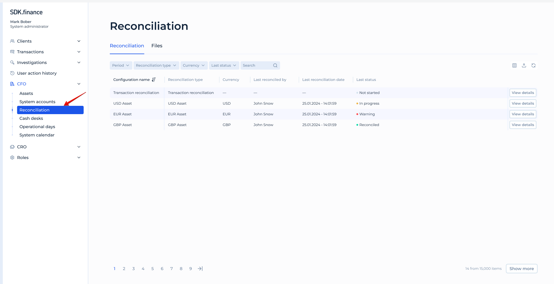 Reconciliation Tab | SDK.finance - White-Label Digital Banking Software