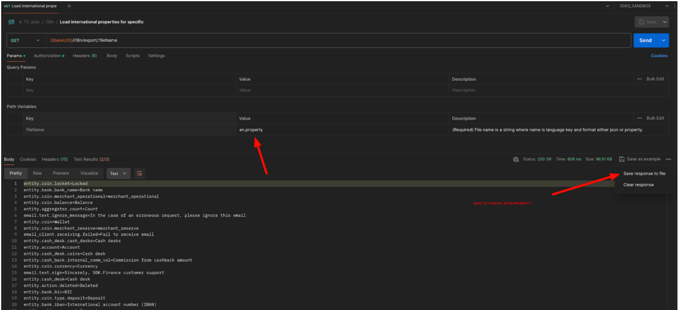 Change values in the en.property file | SDK.finance
