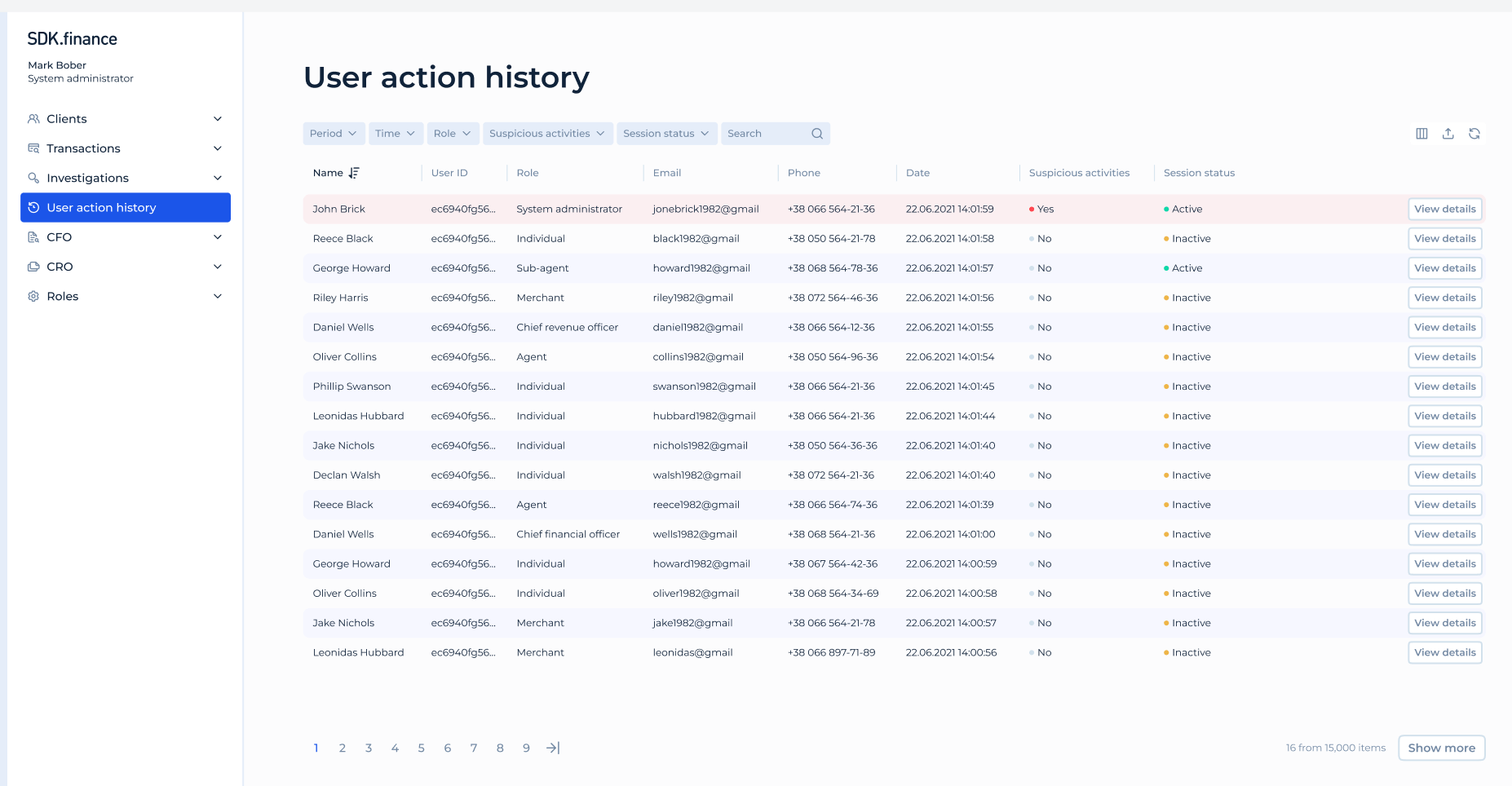 User action history | SDK.finance - White-Label Digital Banking Software